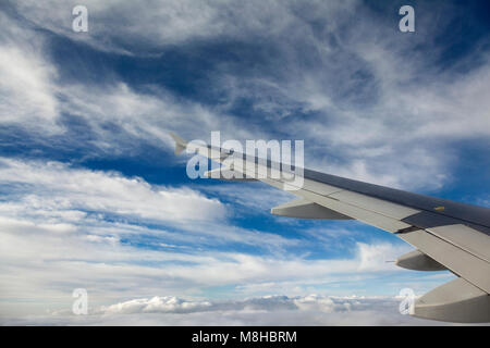 View of the Earth from the airplane flying above the clouds at high ...