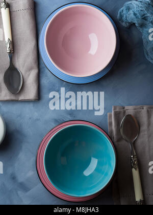 Pastel color Tableware crockery for breakfast or lunch on blue ...