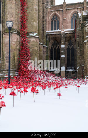 Snow covered poppies. Weeping window at Hereford Cathedral UK March 2018 Stock Photo - Alamy
