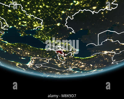 Armenia at night highlighted in red on planet Earth with clouds. 3D illustration. Elements of ...