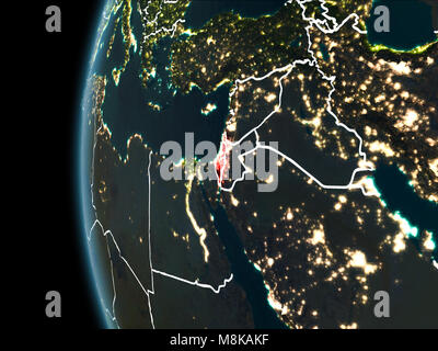 Satellite night view of Israel highlighted in red on planet Earth with ...