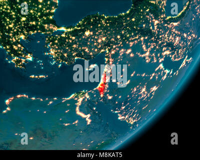 Satellite night view of Israel highlighted in red on planet Earth with clouds. 3D illustration ...
