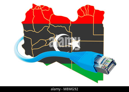 Internet connection in Libya. Lan cable with Libyan flag. 3D rendering ...