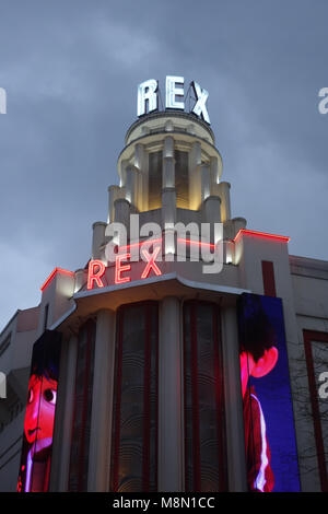 Paris France, Rex Movie Theater, Art Deco Architecture, Top, Lit up at ...