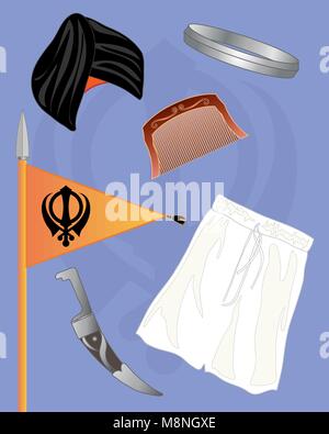 an illustration of the symbols of the five ks of sikhism kesh kirpan ...