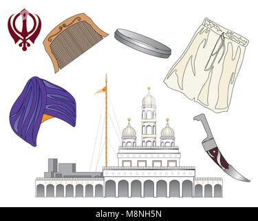 an illustration of the symbols of the five ks of Sikhism kesh kirpan ...