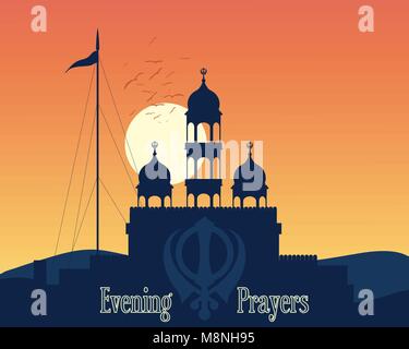 an illustration of a Sikh gurdwara at sunset in the hills of India at ...