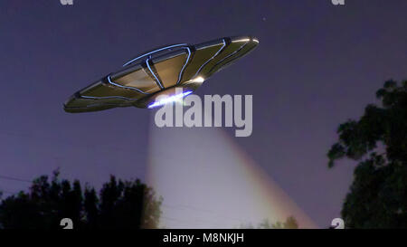 UFO, alien spaceship with tractor beam hovering in night sky ...