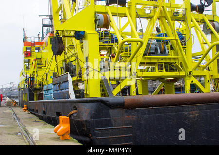 The stern superstructure and gantry of the Dutch ship Tridens bearthed ...