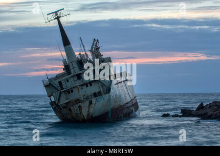 The Edro 3 shipwreck off the coast of Pegeia at sunset, Paphos district ...
