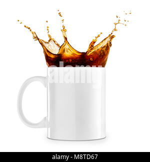 mug of spilling coffee or tea isolated on white background. Coffee ...