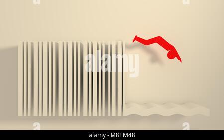 Man silhouette diving from bar code springboard Stock Photo - Alamy
