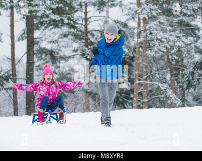 Two baby girl enjoy a sleigh ride. Child sledding. Kid riding a sledge ...