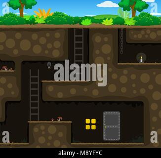 Secret underground safety shelter room interior cartoon game background ...