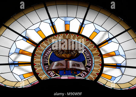 Saint-Grat church. Stained glass window. Alpha and Omega. Symbols ...