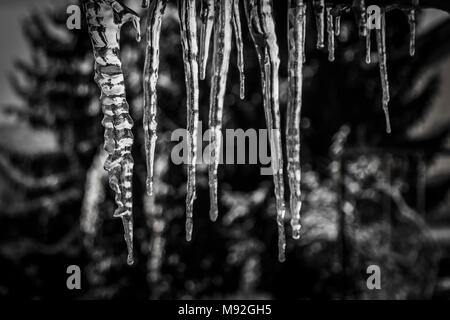 Icicles hang on the roof in winter. Selective focus. nature Stock Photo ...