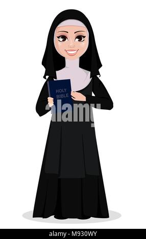 Nun cartoon character. Smiling catholic sister with praying hands and ...