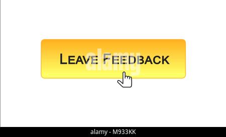 Leave feedback web interface button clicked with mouse cursor, violet ...