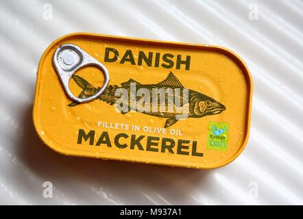 Tinned mackerel fillets in olive oil by Sainsbury's, London Stock Photo ...
