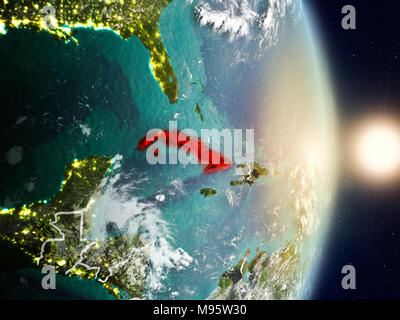 Cuba in red with visible country borders from space. 3D illustration ...