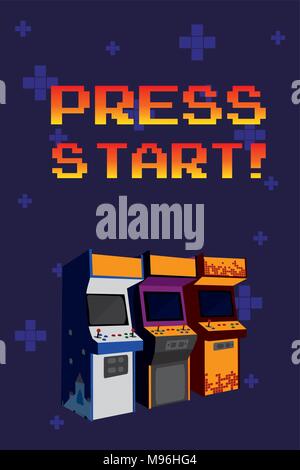 Pixel art Start Game screen. Retro 8 bit space video games starting ...