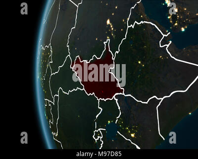 Space orbit view of South Sudan highlighted in red on planet Earth at night with visible country ...