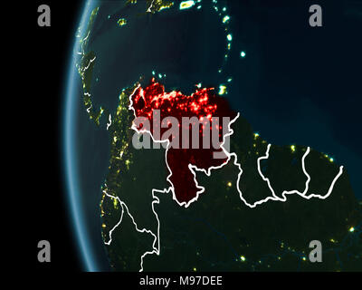 Orbit view of Venezuela at night highlighted in red on planet Earth with highly detailed surface ...