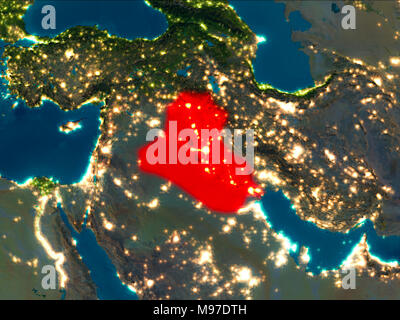 Night view of Iraq highlighted in red on planet Earth with atmosphere ...