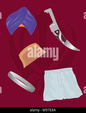 an illustration of the symbols of the five ks of Sikhism kesh kirpan ...