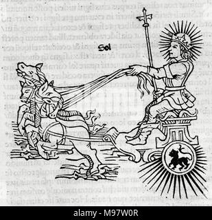 Helios, the Sun god, in his horse-drawn chariot. From Natalis Comitis ...