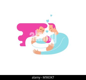 Mom and dad hugging and cuddling their baby boy or girl and nursing him ...