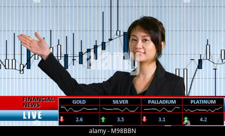 Asian female anchorwoman presenting financial news from TV studio, with ...