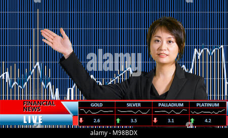 Asian female anchorwoman presenting financial news from TV studio. with ...