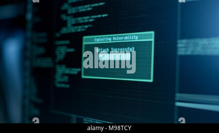 Display Showing Stages of Hacking in Progress: Exploiting Vulnerability, Executing and Granted ...