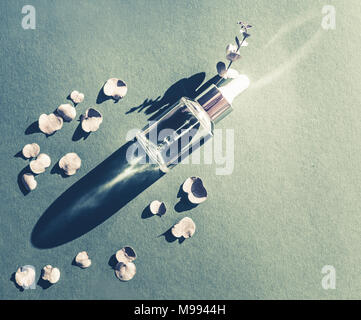 Dropper with transparent cosmetic liquid over blue glass background ...