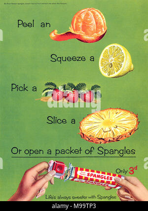 1955 British advertisement for Spangles Sweets Stock Photo - Alamy