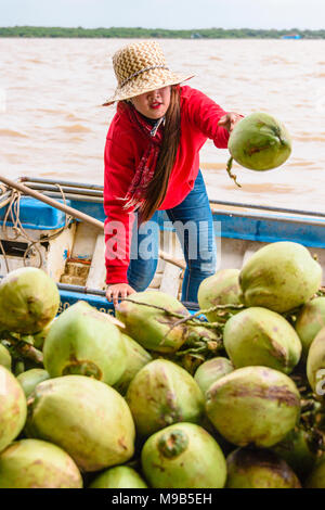 Women offload their cargo of coconuts from their wooden motorboat on ...