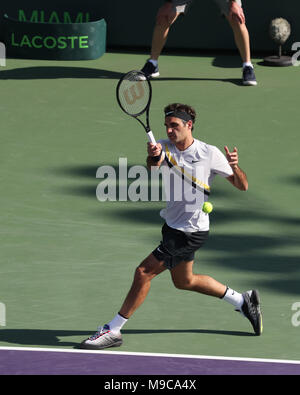 March 18, 2018 Roger Federer (SUI) returns a shot against Juan Martin ...