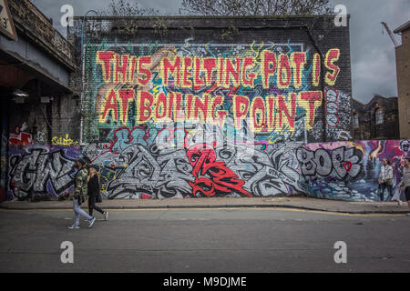 Melting Pot graffiti in Spitalfields in London's East End, UK Stock ...