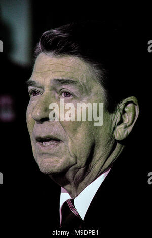 Washington DC., USA, March 6, 1985 President Ronald Reagan seated at ...