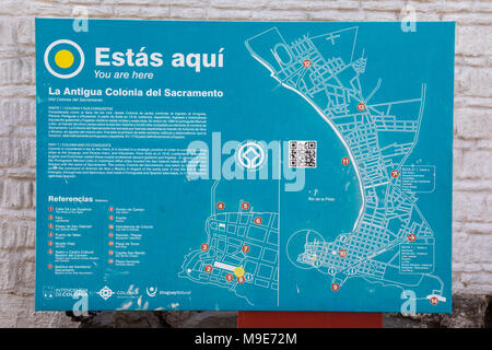 A map of Colonia del Sacramento Uruguay displayed on a wall in a street ...