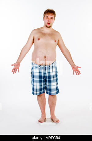 Overweight, fat man weighing himself on scales Stock Photo - Alamy