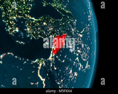 Night map of Syria as seen from space on planet Earth. 3D illustration ...