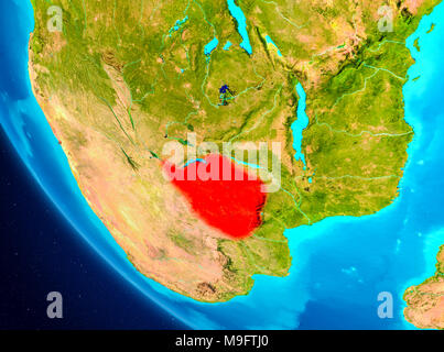 Zimbabwe highlighted in red on planet Earth at night with visible borders and city lights. 3D ...