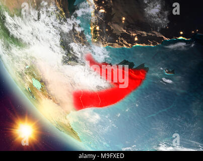 Somalia during sunset highlighted in red on planet Earth with clouds ...