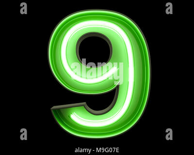 NINE - Glowing Neon Sign on stonework wall - 3D rendered royalty free ...