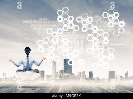 Elegant businessman outdoors with camera instead of head and media ...