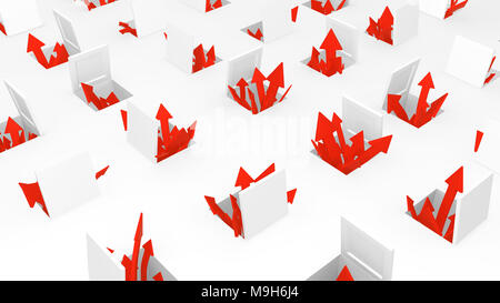 Red symbolic arrows emerging from boxes, 3d illustration, horizontal ...