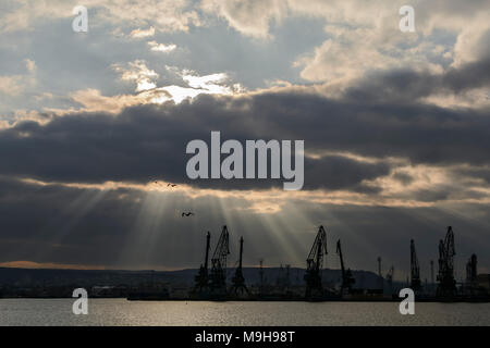 Sunray over Varna port, silhouette of cranes Stock Photo - Alamy