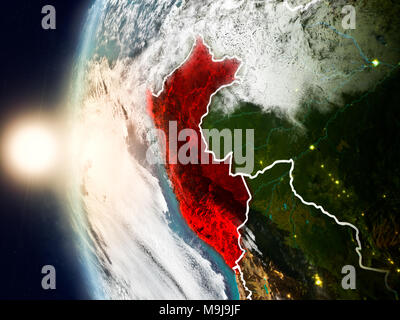 Satellite view of Peru highlighted in red on planet Earth with clouds ...
